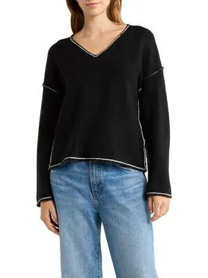 Vince Camuto Contrast Detail V-neck Sweater - Rich Black