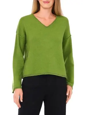 Vince Camuto Contrast Detail V-neck Sweater - Salted Lime Cozy