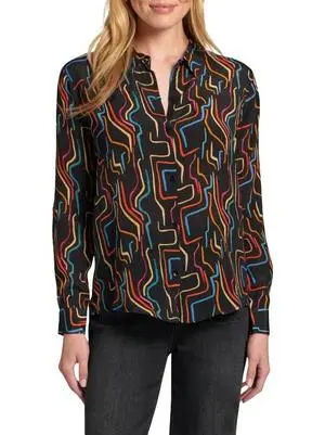 APNY Abstract Print Roll Tab Sleeve Chiffon Button-up Shirt - Black Multi Lines