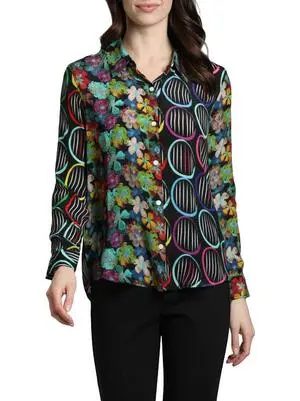 APNY Abstract Print Roll Tab Sleeve Chiffon Button-up Shirt - Black Multi