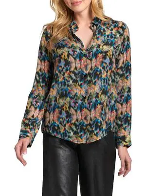 APNY Abstract Print Roll Tab Sleeve Chiffon Button-up Shirt - Black Olive Multi