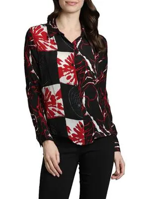 APNY Abstract Print Roll Tab Sleeve Chiffon Button-up Shirt - Black/red Multi