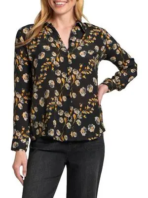 APNY Abstract Print Roll Tab Sleeve Chiffon Button-up Shirt - Black/yellow Gold Multi