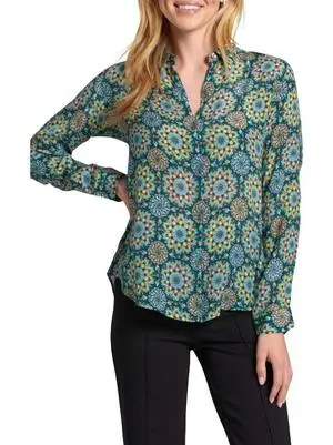 APNY Abstract Print Roll Tab Sleeve Chiffon Button-up Shirt - Green Multi