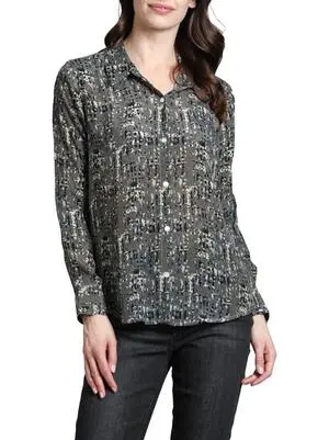 APNY Abstract Print Roll Tab Sleeve Chiffon Button-up Shirt - Grey Multi