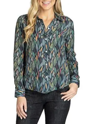 APNY Abstract Print Roll Tab Sleeve Chiffon Button-Up Shirt Grey/green Multi