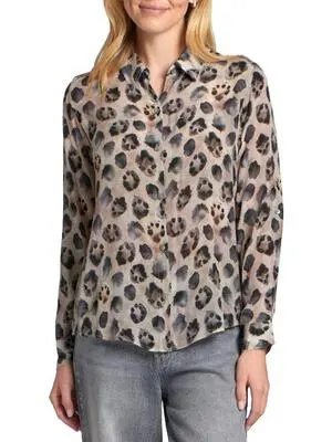 APNY Abstract Print Roll Tab Sleeve Chiffon Button-Up Shirt Latte Multi