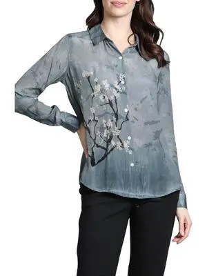 APNY Abstract Print Roll Tab Sleeve Chiffon Button-up Shirt - Light Grey