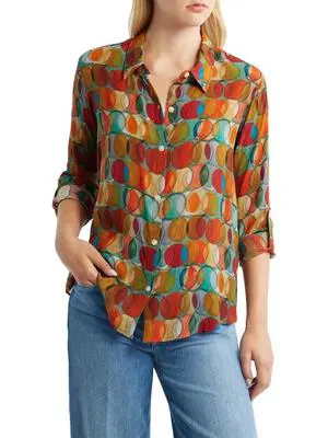 APNY Abstract Print Roll Tab Sleeve Chiffon Button-up Shirt - Orange Multi