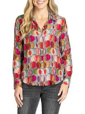 APNY Abstract Print Roll Tab Sleeve Chiffon Button-Up Shirt Red Multi
