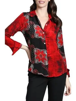APNY Abstract Print Roll Tab Sleeve Chiffon Button-Up Shirt Rust Multi