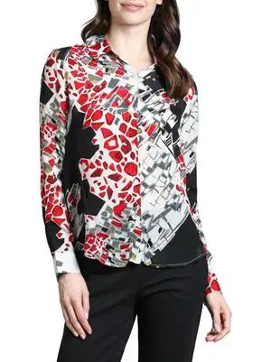 APNY Abstract Print Roll Tab Sleeve Chiffon Button-Up Shirt White Multi