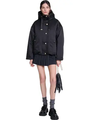 Maje Padded Jacket With Hood And Drawstring Waist - Black