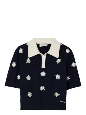 SHUSHU/TONG Cropped Embroidered Knitted Polo Shirt - Blue