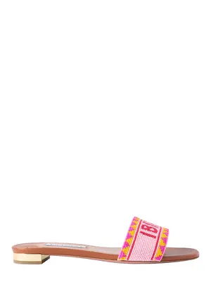 AQUAZZURA Ibiza Beaded Leather Slides - Brown