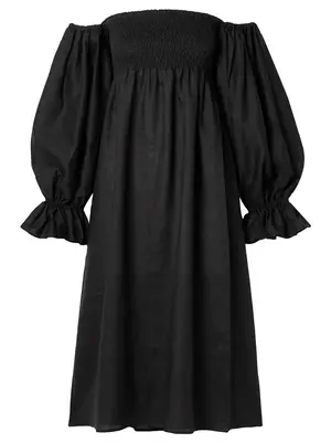 Sleeper Net Sustain Atlanta Off-the-shoulder Shirred Linen Midi Dress - Black