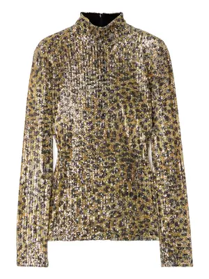 AZ FACTORY Romy Sequin-embellished Leopard-print Mesh Turtleneck Top - Multi