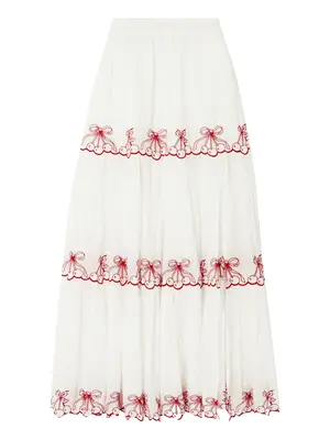 LoveShackFancy Jemila Tiered Embroidered Cotton Maxi Skirt - White