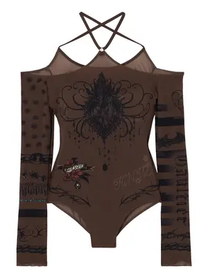 JEAN PAUL GAULTIER Knwls Cold-shoulder Printed Stretch-jersey Bodysuit - Brown