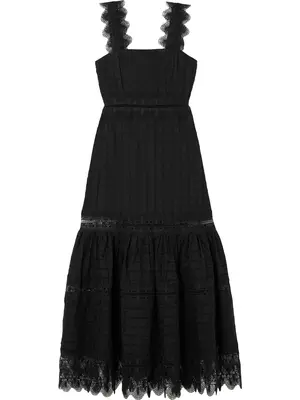 Waimari Ibiza Tiered Guipure Lace-trimmed Cotton Midi Dress - Black