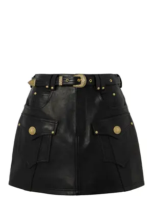 Balmain Belted Embellished Mini Leather Skirt - Black
