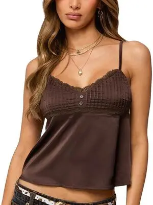 EDIKTED Satin Lace Trim Tank Top - Brown