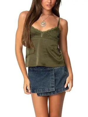 EDIKTED Satin Lace Trim Tank Top - Green