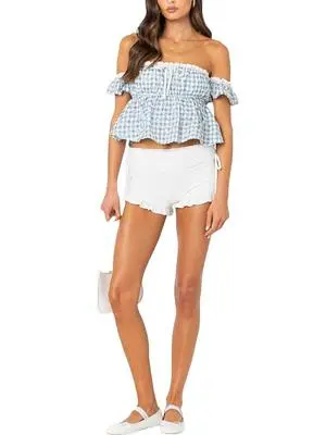 EDIKTED Lacey Ruffle Trim Fold Over Shorts - Cream