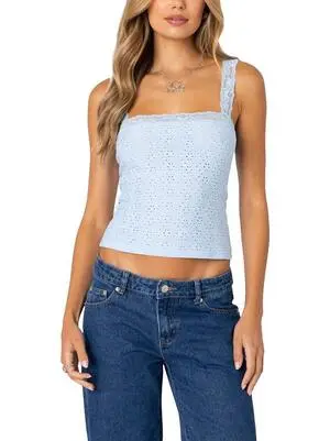 EDIKTED Virginia Lace Trim Eyelet Tank Top - Light Blue