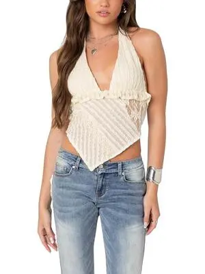 EDIKTED Quinta Lacey Asymmetric Halter Top - Cream