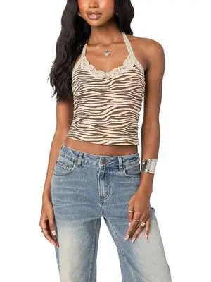 EDIKTED Zebra Printed Halter Top - Beige
