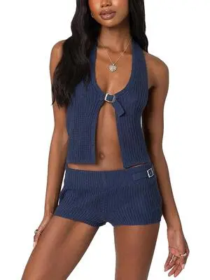 EDIKTED Belted Knit Halter Top - Navy