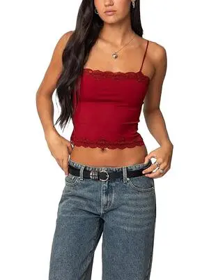 EDIKTED Cruella Lace Trim Tank Top - Burgundy