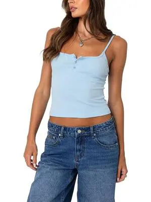 EDIKTED Ribbed Henley Tank Top - Light Blue