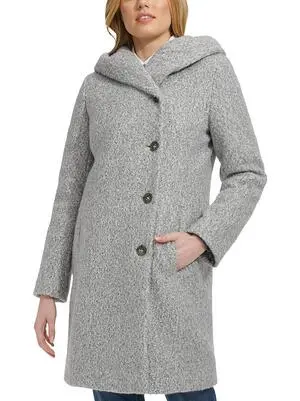 Cole Haan Hooded Boucle Coat - Light Grey