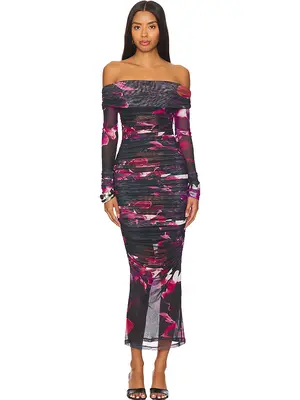 NICHOLAS Oaklyn Off Shoulder Shirred Midi Dress - Blur Floral Magenta