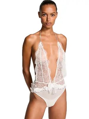 Victoria's Secret Very Sexy Atelier Lace & Chiffon Plunge Teddy - White,ivory