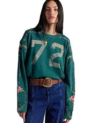 Free People Lilith Embroidered Tee Deep Green