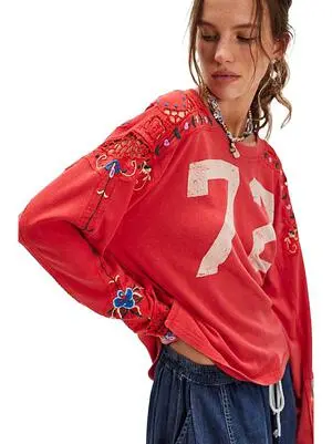 Free People Lilith Embroidered Tee Red Combo