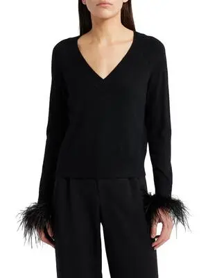 MILLY Feather Cuff V-neck Sweater - Black