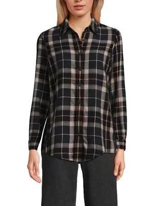 LANDS' END Lands' End Flannel Boyfriend Fit Shirt Black/pale Aqua Ice Plaid