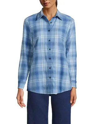 LANDS' END Lands' End Flannel Boyfriend Fit Shirt Cloudy Blue/ivory Plaid