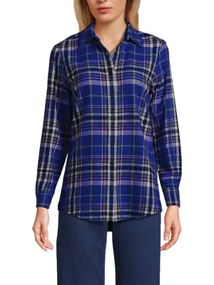 LANDS' END Lands' End Flannel Boyfriend Fit Shirt Cobalt Blue/bright Grape Plaid