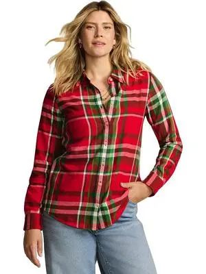 LANDS' END Lands' End Flannel Boyfriend Fit Shirt Compass Red/emerald Plaid