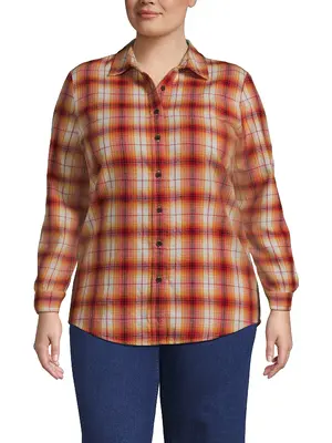 LANDS' END Lands' End Flannel Boyfriend Fit Shirt Dark Orange Plaid