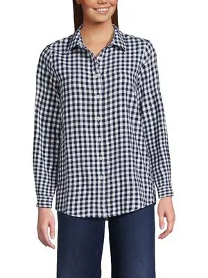 LANDS' END Lands' End Flannel Boyfriend Fit Shirt Deep Sea/ivory Mini Check