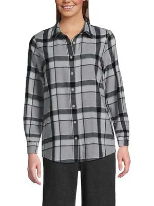 LANDS' END Lands' End Flannel Boyfriend Fit Shirt Gray/black Large Plaid