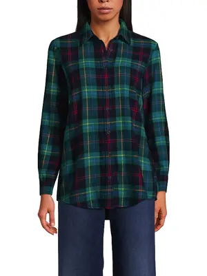 LANDS' END Lands' End Flannel Boyfriend Fit Shirt Green/navy/heritage Red Plaid