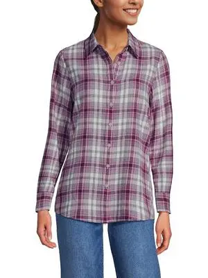 LANDS' END Lands' End Flannel Boyfriend Fit Shirt Ivory/light Raspberry Plaid