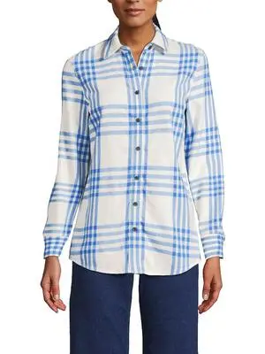 LANDS' END Lands' End Flannel Boyfriend Fit Shirt Ivory/vista Blue Plaid
